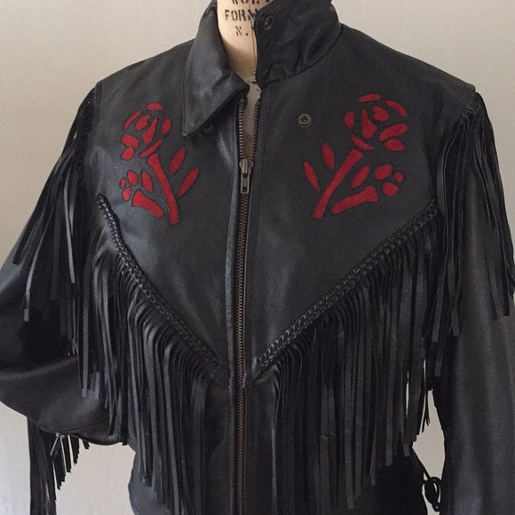 all state leather | Jackets & Coats | Black Leather Red Rose Fringe ...